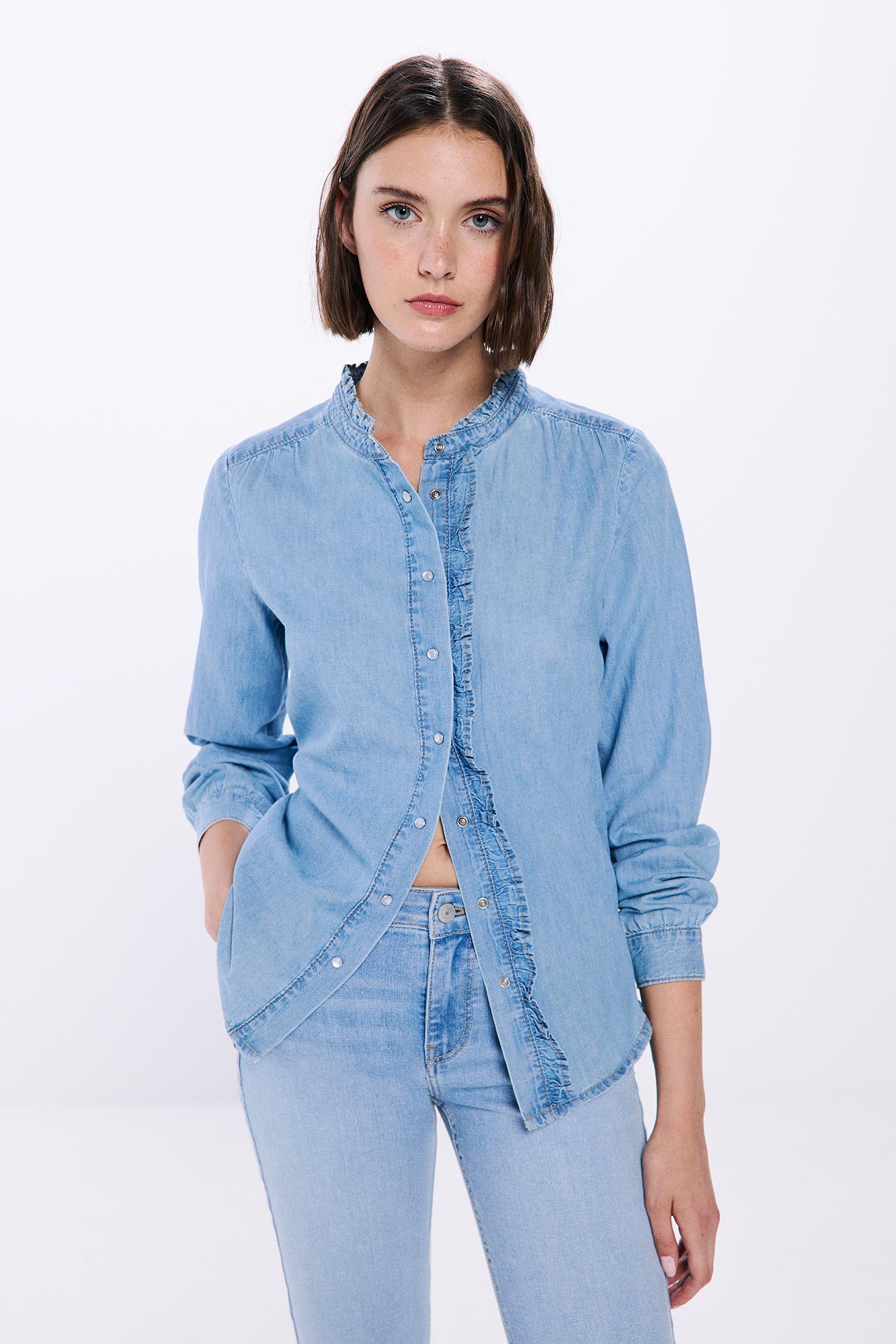 Blusa denim volantes | Camisas y blusas de mujer | Springfield-MX
